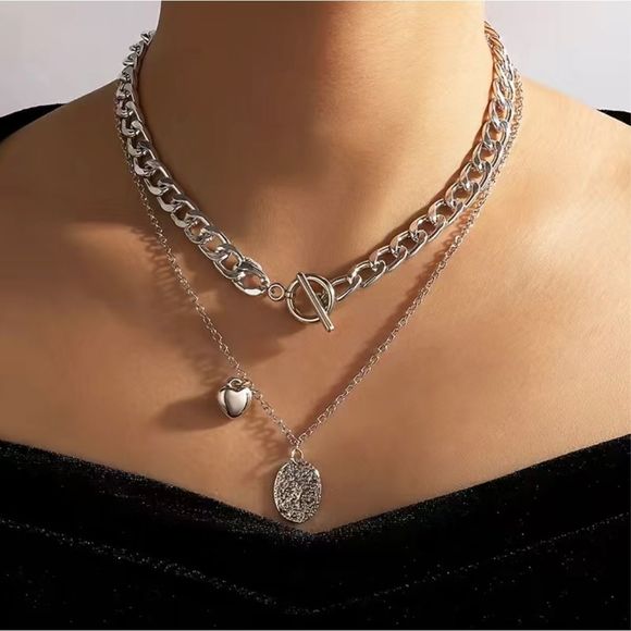 Boutique | Jewelry | Chunky Chain Love Heart Round Metal Multilayer ...